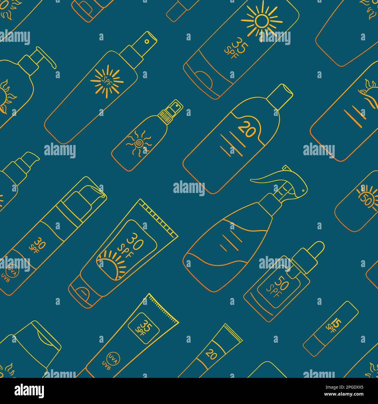 Seamless pattern of sunscreen bottles, tubes, spray. SPF cream, lotion ...