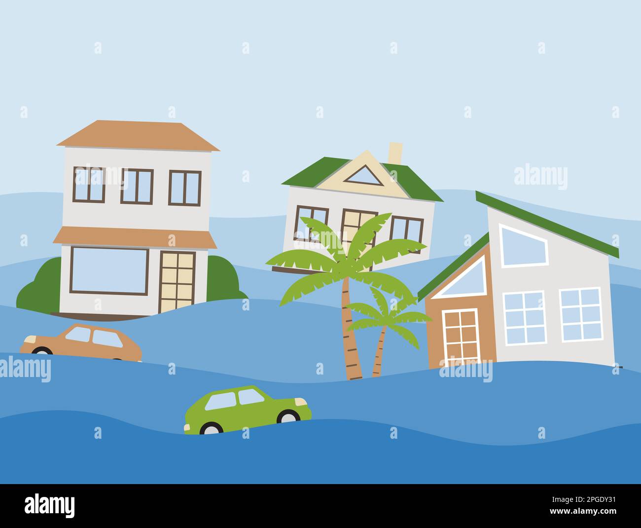 Houses and cars flooding under water concept. Flood natural disaster with rainstorm, weather ...