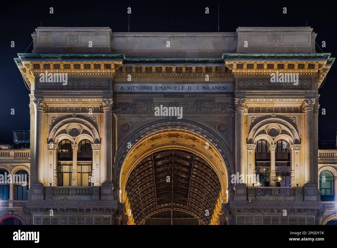 Milan, Italy illuminated Galleria Vittorio Emanuele II entrance detail ...