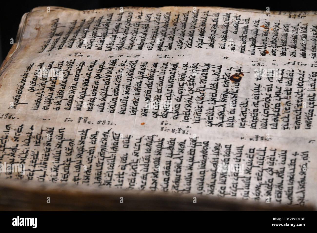 Tel Aviv, Israel. 22nd Mar, 2023. A close-up of a page of the Codex Sassoon, the earliest, most ...