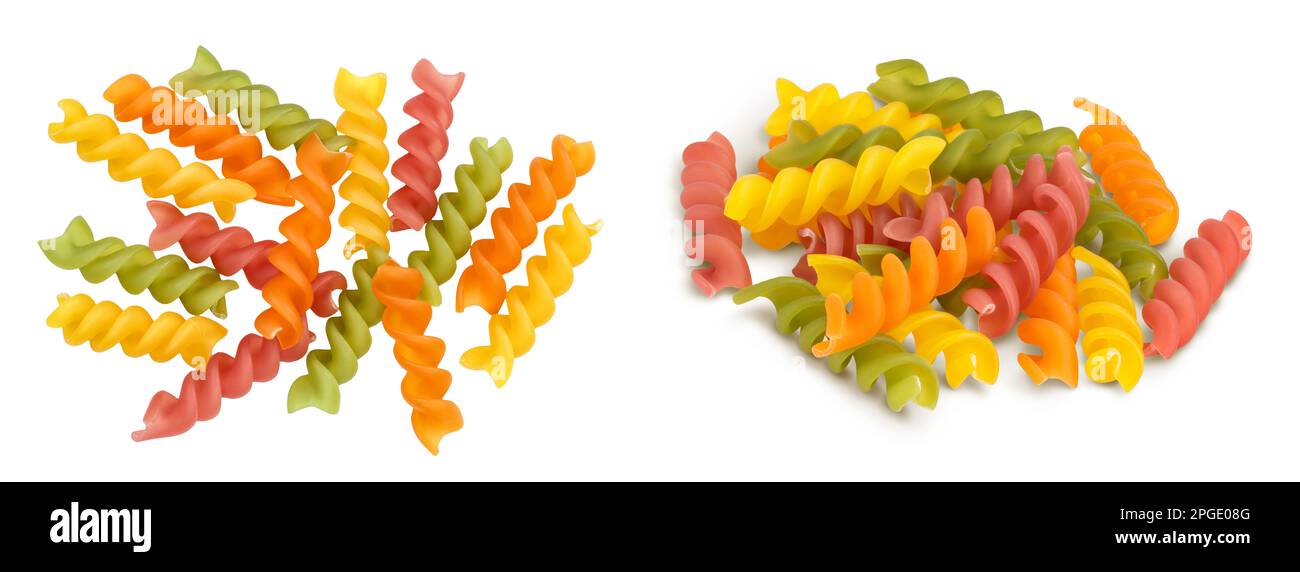 raw Fusilli colored pasta, isolated on white background with full depth ...