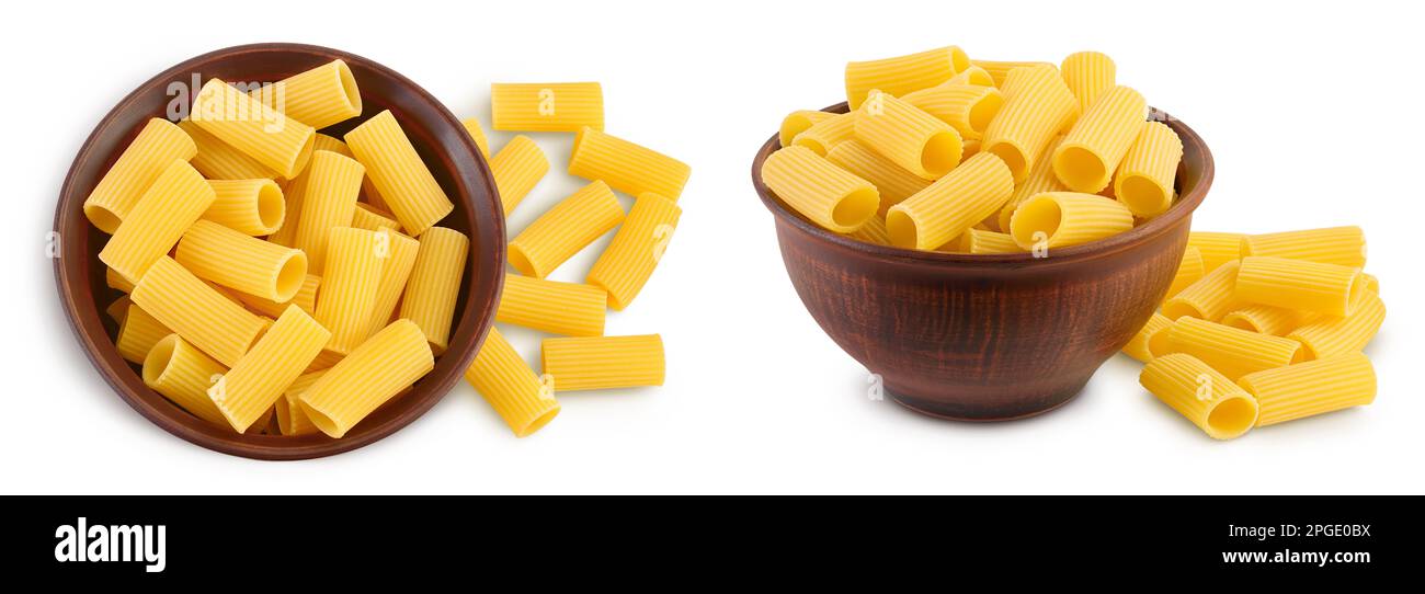 raw italian Rigatoni pasta in ceramic bowl isolated on white background ...