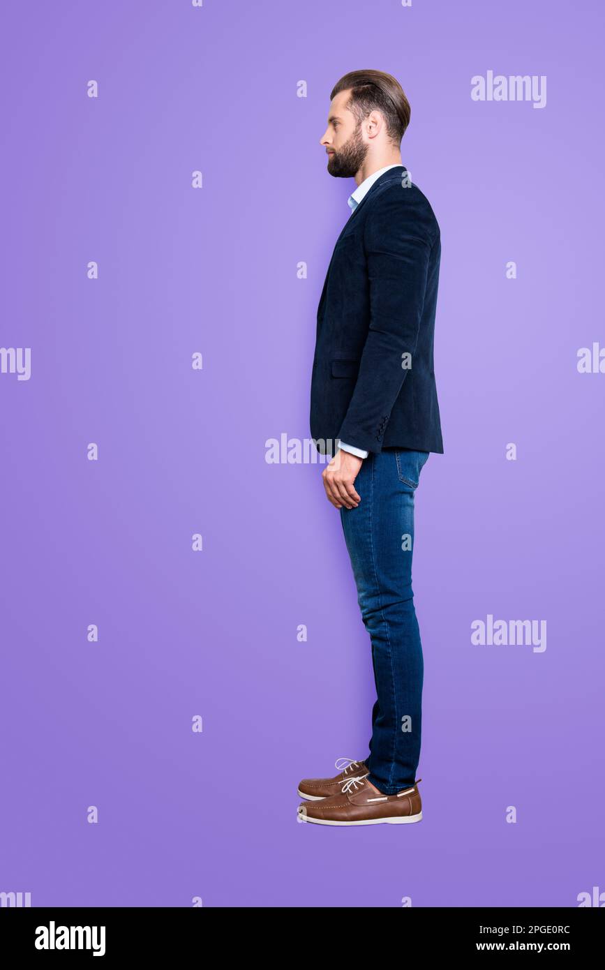 Full size fullbody snap, half face profile portrait of stylish handsome ...