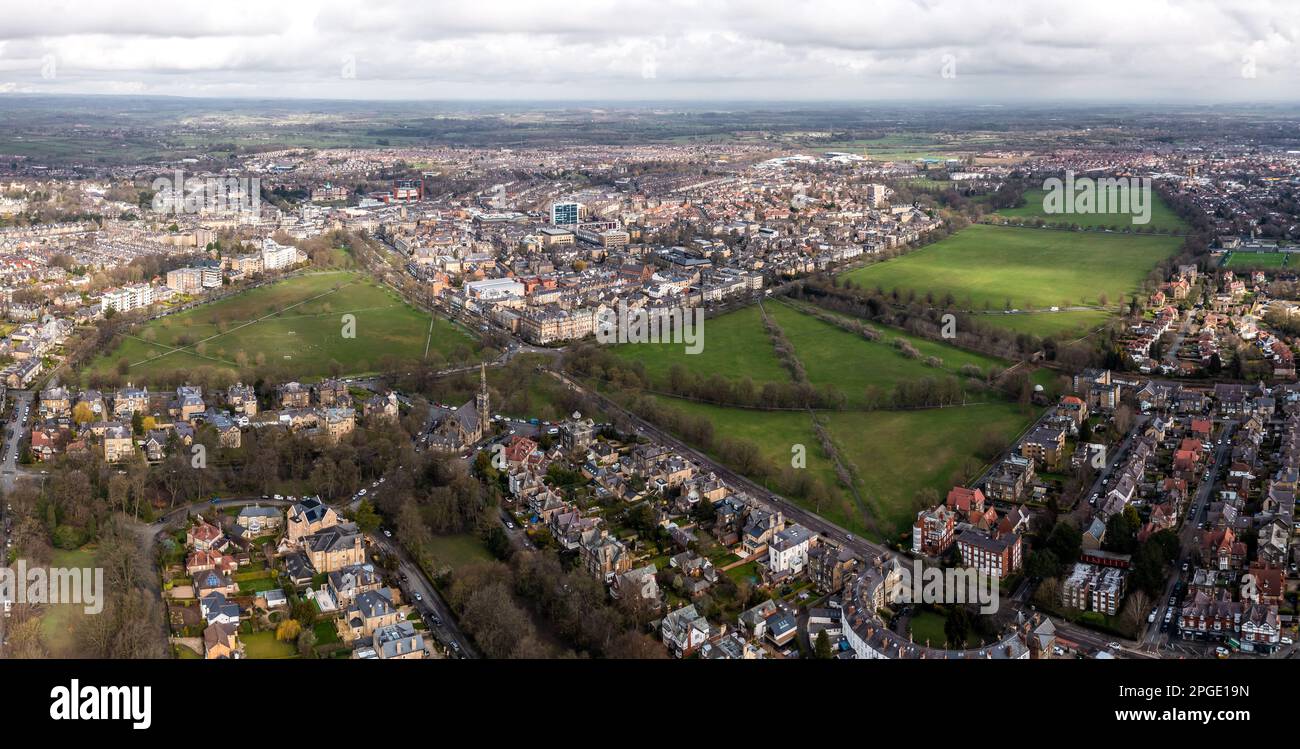 HARROGATE, UK - MARCH 18, 2023. An aerial cityscape of Harrogate town ...