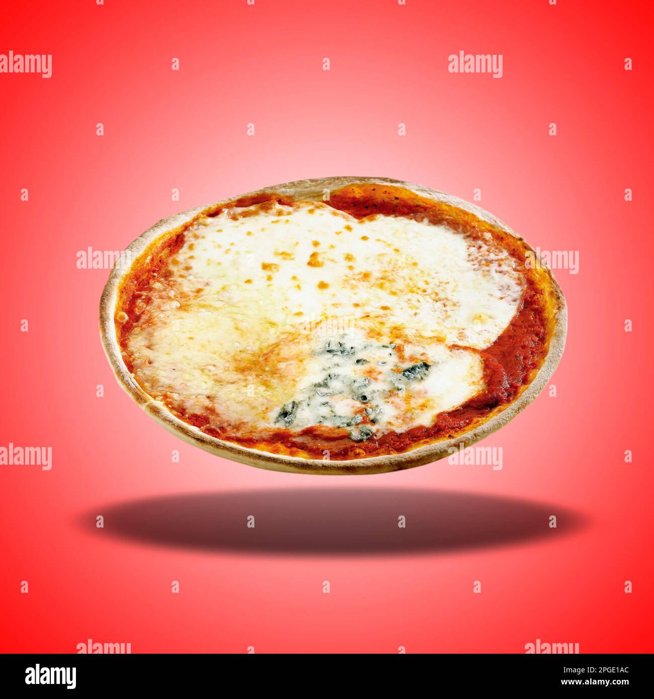Floating Pizza four cheese on red radial gradient background Stock ...