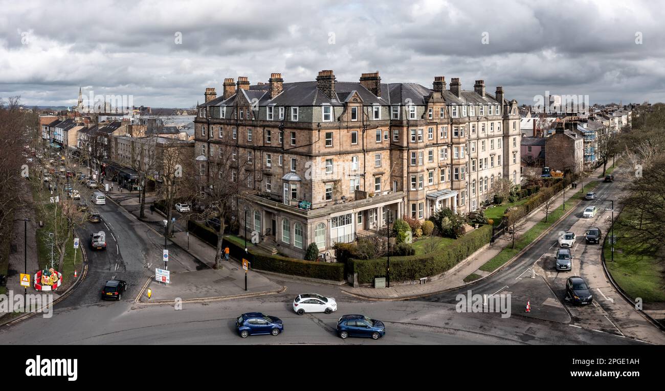 HARROGATE, UK - MARCH 18, 2023. An aerial cityscape of Harrogate town ...