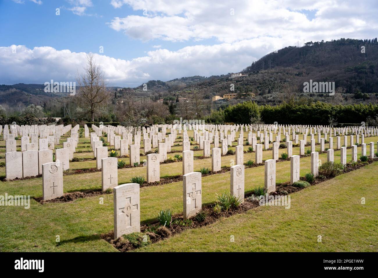 The Commonwealth War Graves Commission war cemetery near the river Arno ...