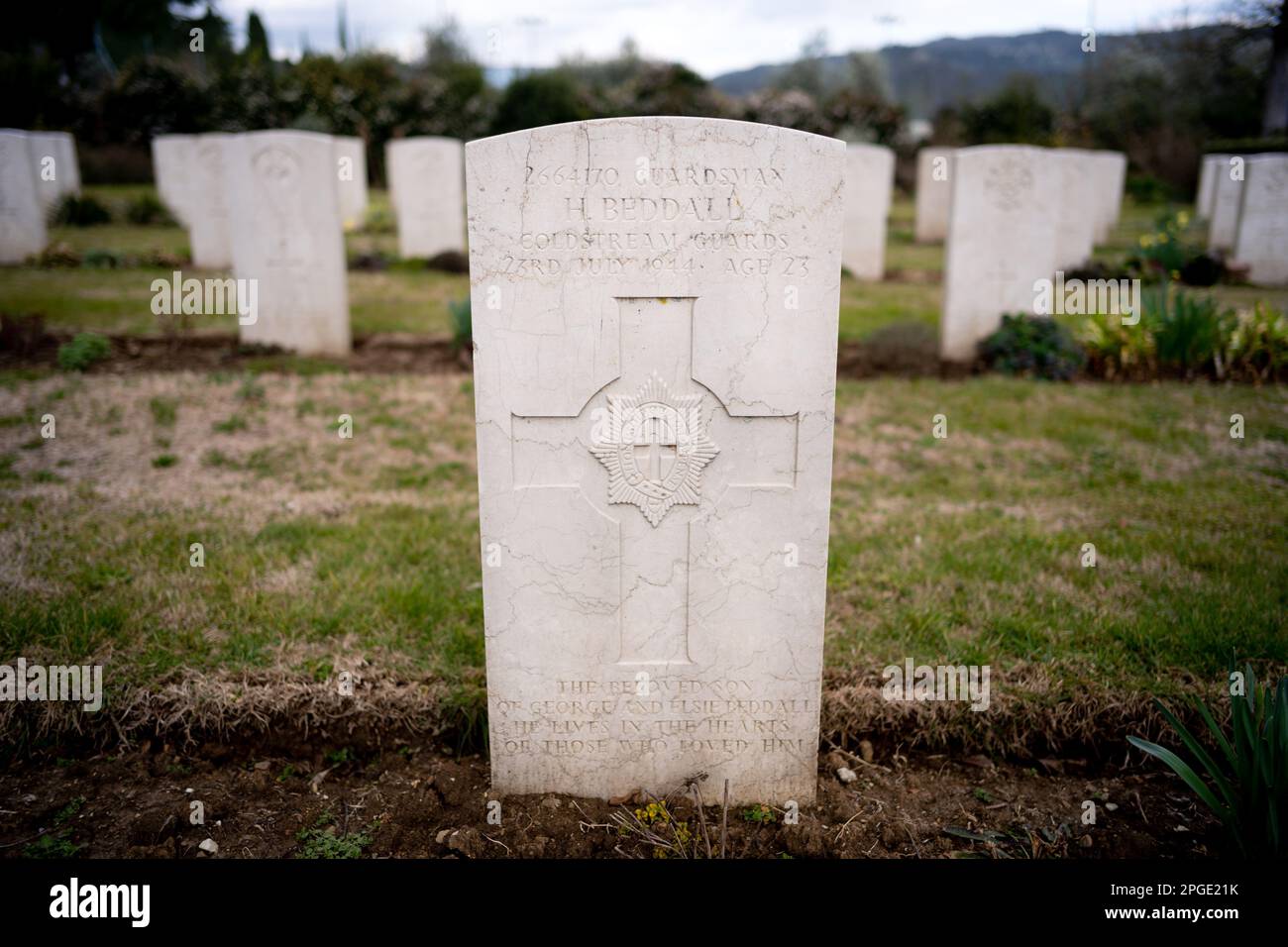 The Commonwealth War Graves Commission war cemetery near the river Arno ...