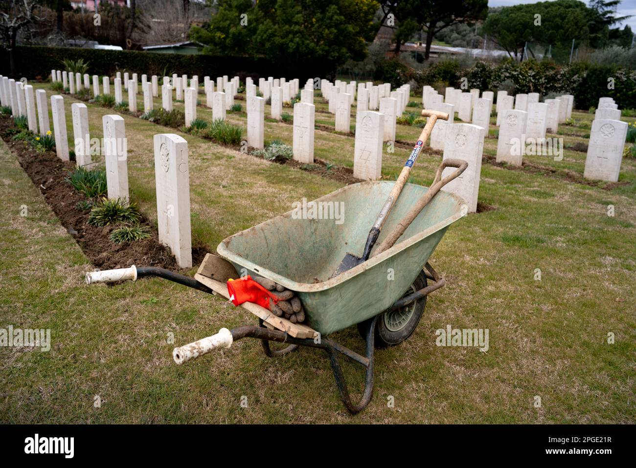 The Commonwealth War Graves Commission war cemetery near the river Arno ...