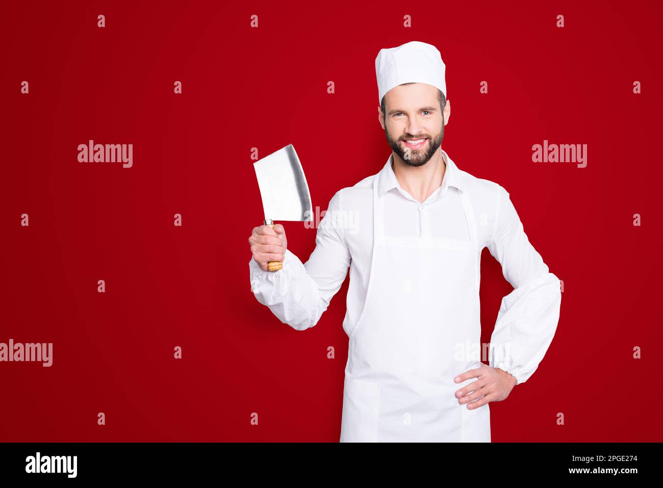 Portrait of positive cheerful handsome butcher having cleaver in arm ...