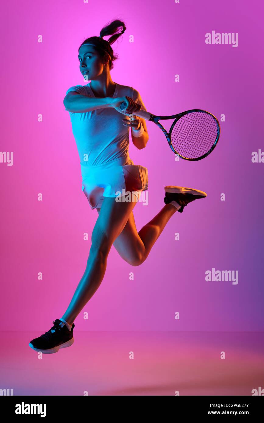 Full-length dynamic portrait of professional tennis player, young woman ...