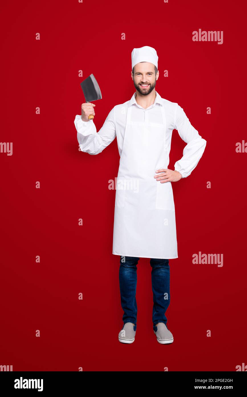 Full size fullbody portrait of positive cheerful butcher in beret ...