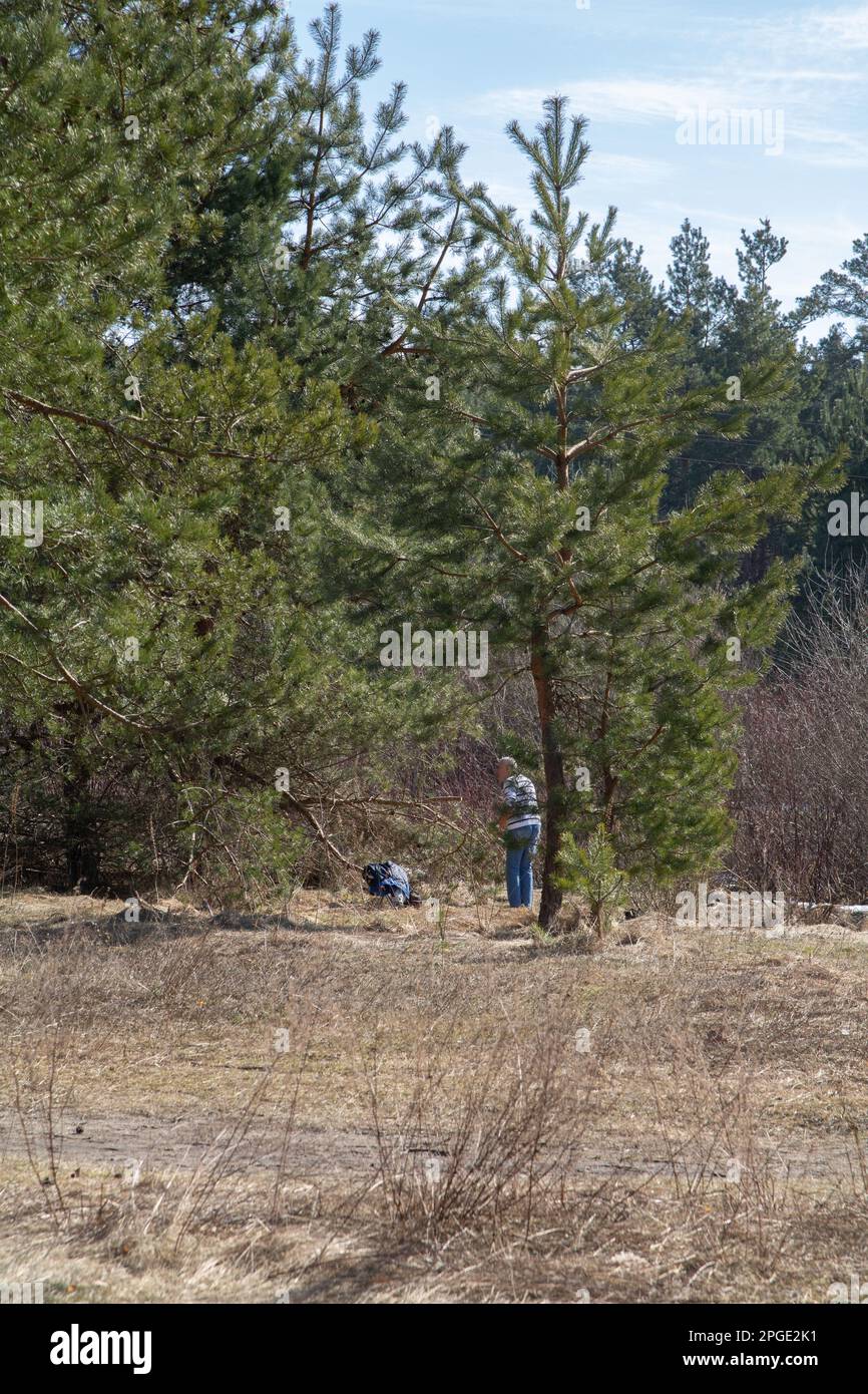 photo of a man in the woods in early spring Stock Photo - Alamy