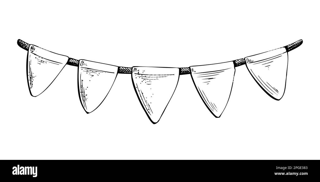 Garland with flags. Black and white hand-drawn illustration in graphic ...