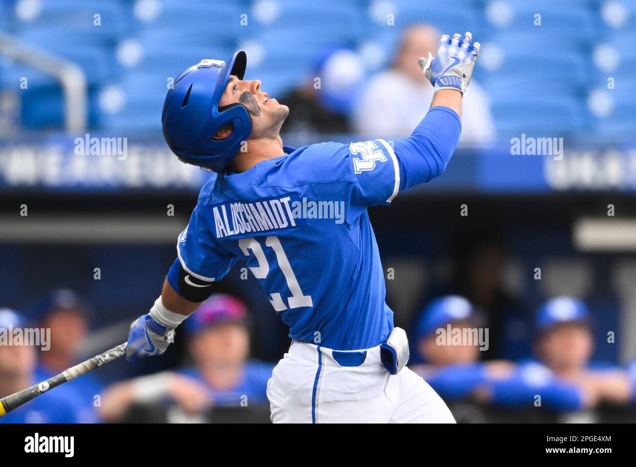 Kentucky infielder Ryan Waldschmidt (21) watches his pop up against ...