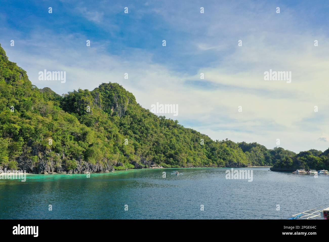 Panorama drone shot of majestic rocks in Coron, Palawan in the ...