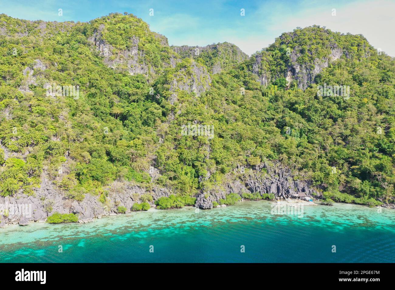 Panorama drone shot of majestic rocks in Coron, Palawan in the ...