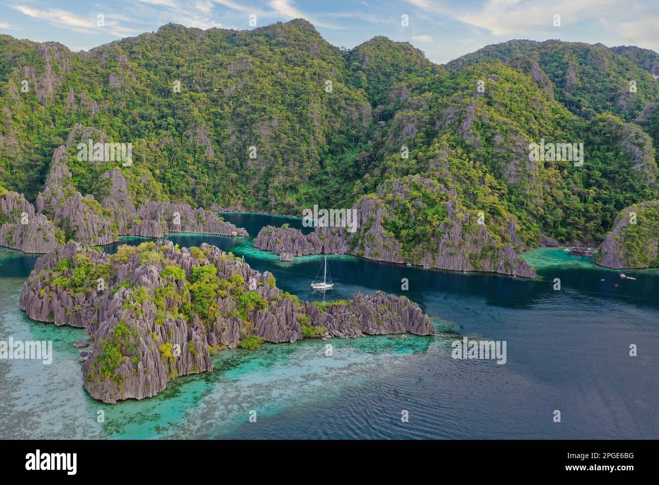 Panorama drone shot of majestic rocks in Coron, Palawan in the ...