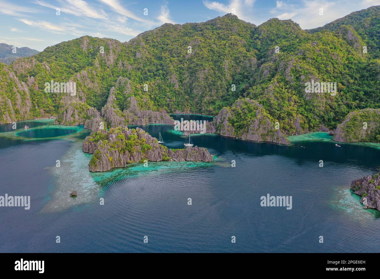 Panorama drone shot of majestic rocks in Coron, Palawan in the ...