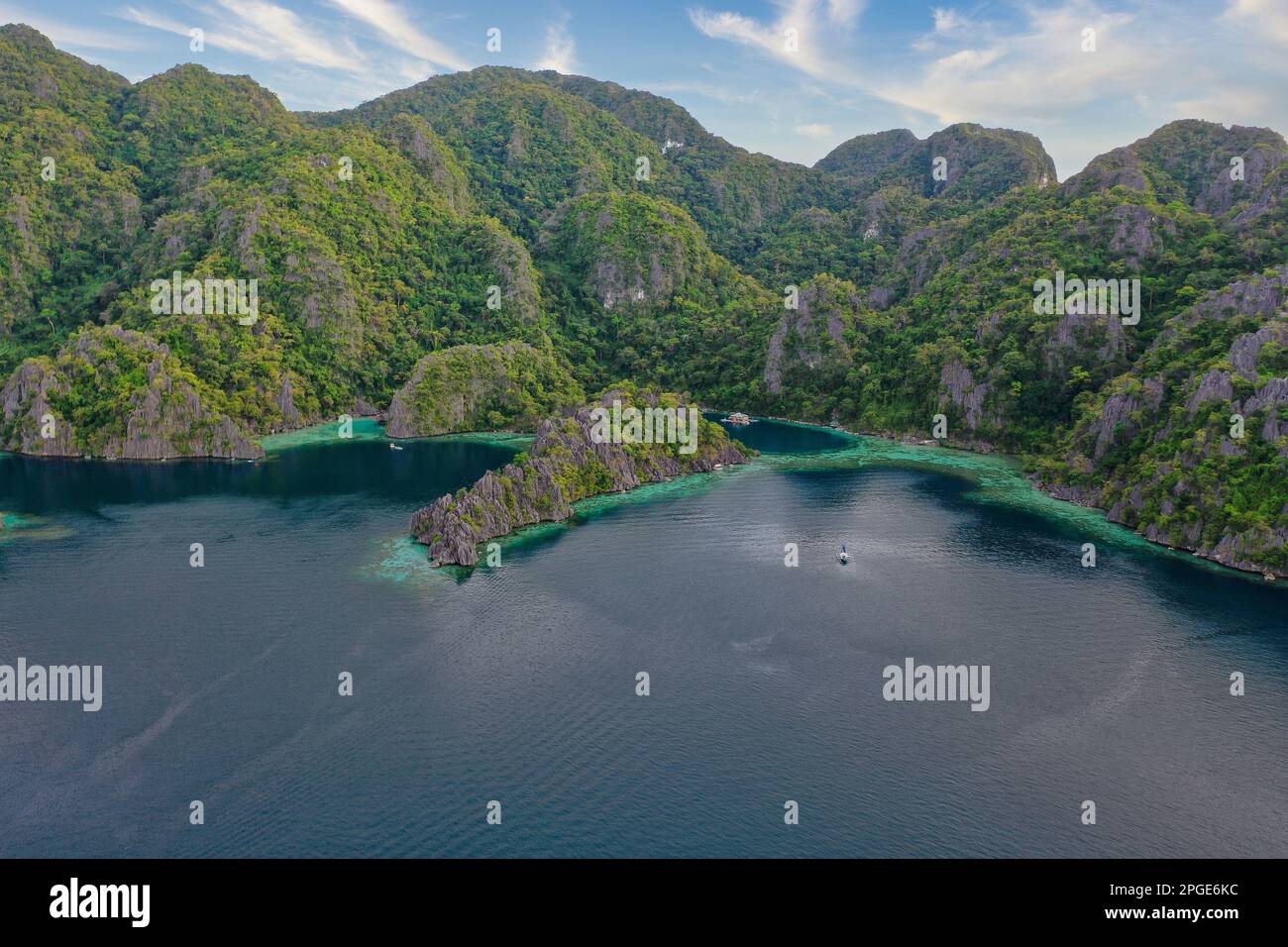 Panorama drone shot of majestic rocks in Coron, Palawan in the ...
