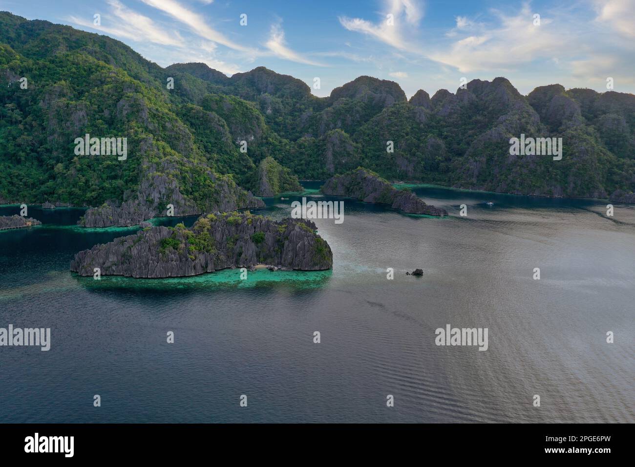 Panorama drone shot of majestic rocks in Coron, Palawan in the ...