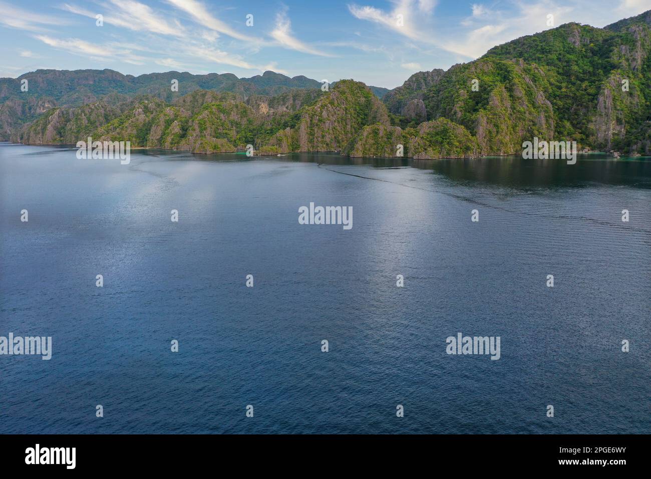 Panorama drone shot of majestic rocks in Coron, Palawan in the ...