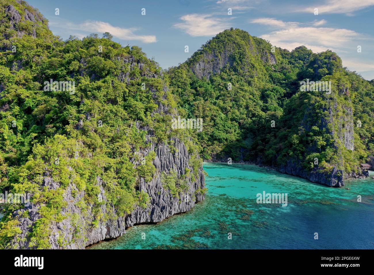 Panorama drone shot of majestic rocks in Coron, Palawan in the ...