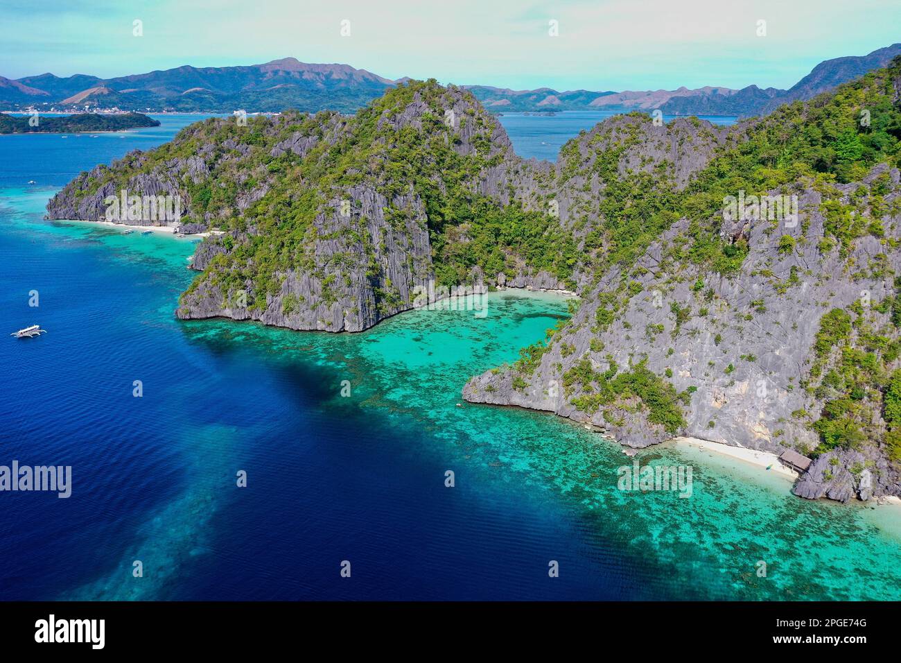 Panorama drone shot of majestic rocks in Coron, Palawan in the ...