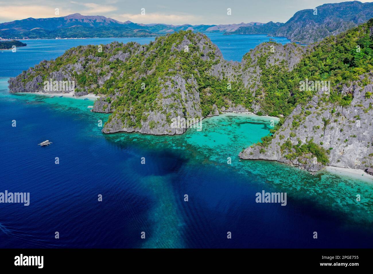 Panorama drone shot of majestic rocks in Coron, Palawan in the ...