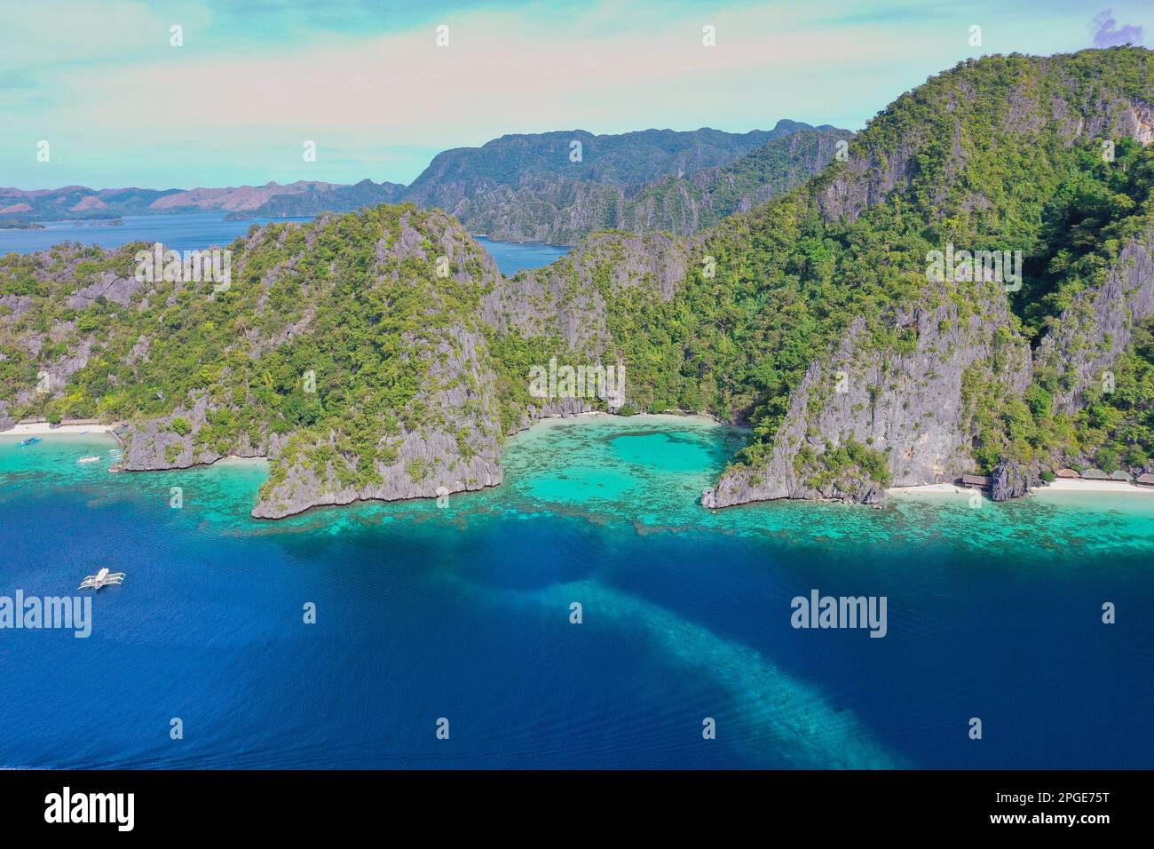 Panorama drone shot of majestic rocks in Coron, Palawan in the ...