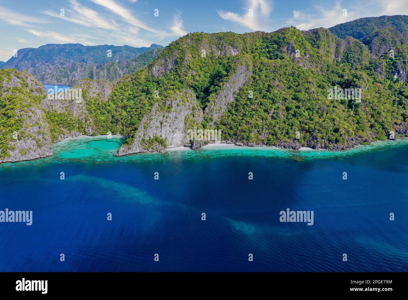 Panorama drone shot of majestic rocks in Coron, Palawan in the ...