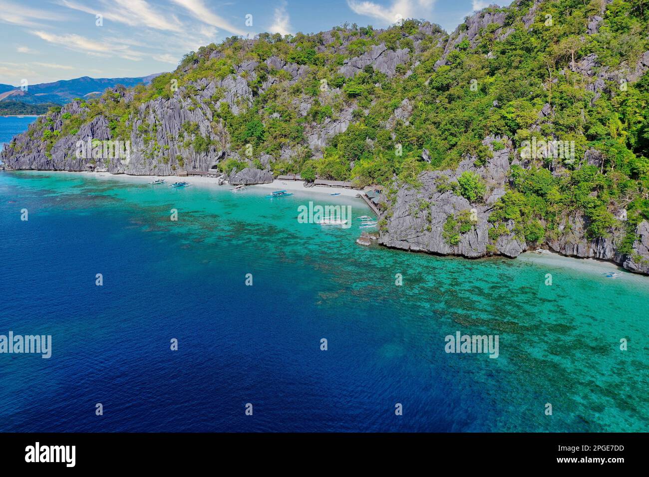 Panorama drone shot of majestic rocks in Coron, Palawan in the ...
