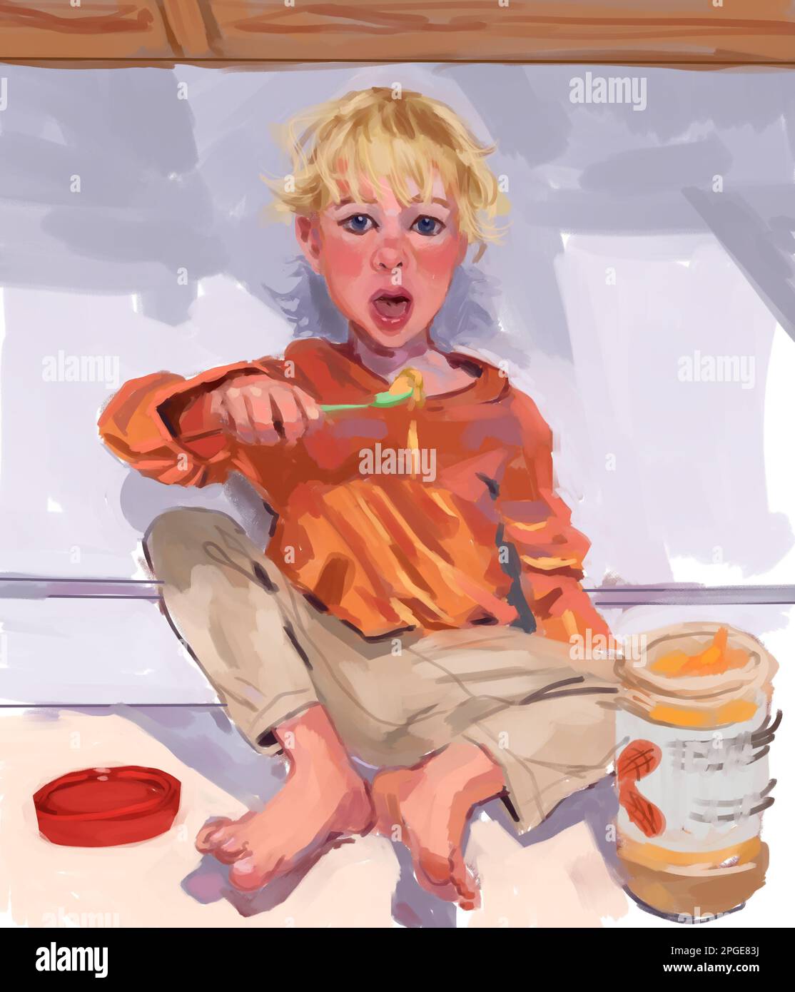 An illustration of a cheerful blonde child with a spoon in their hand ...