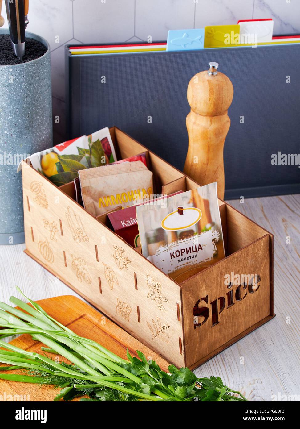 Wooden box for spices, convenient storage at home, order in the house ...