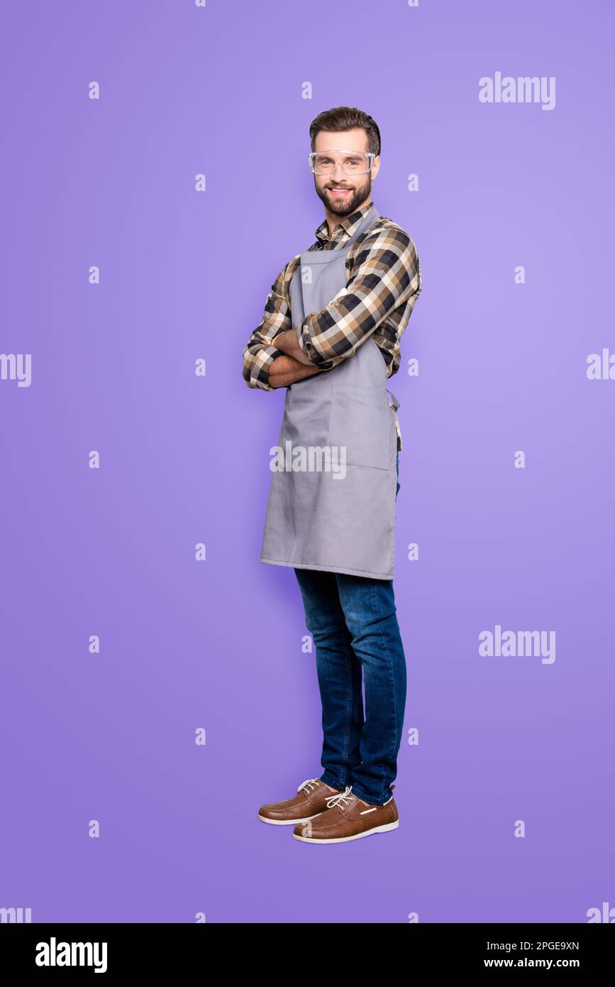 Full size body snap portrait of attractive cheerful carpenter with ...