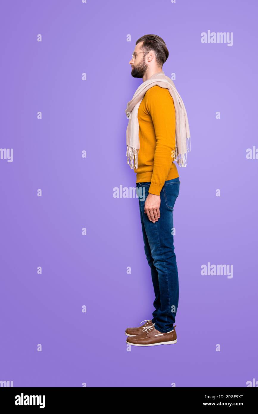Full size fullbody snap, side view half face portrait of handsome ...