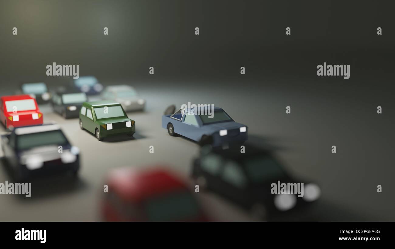 Air pollution, smog produced by gas-powered cars. Low-poly digital 3D ...