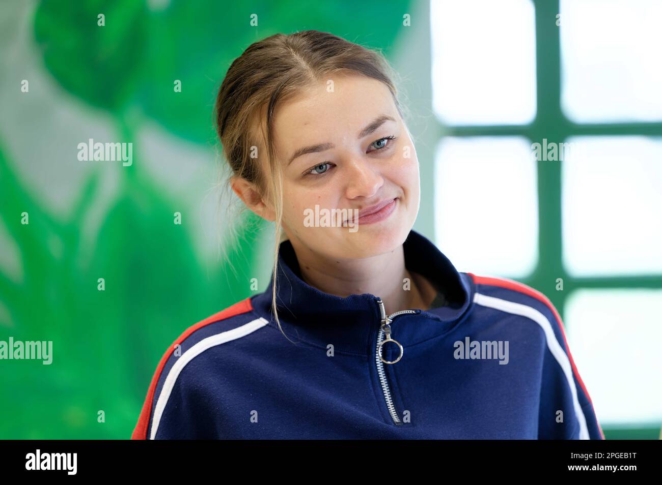 Cologne, Germany. 22nd Mar, 2023. Actress Katja Hutko stands on the set during a press meeting ...