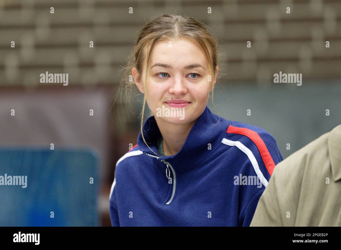 Cologne, Germany. 22nd Mar, 2023. Actress Katja Hutko stands on the set during a press meeting ...