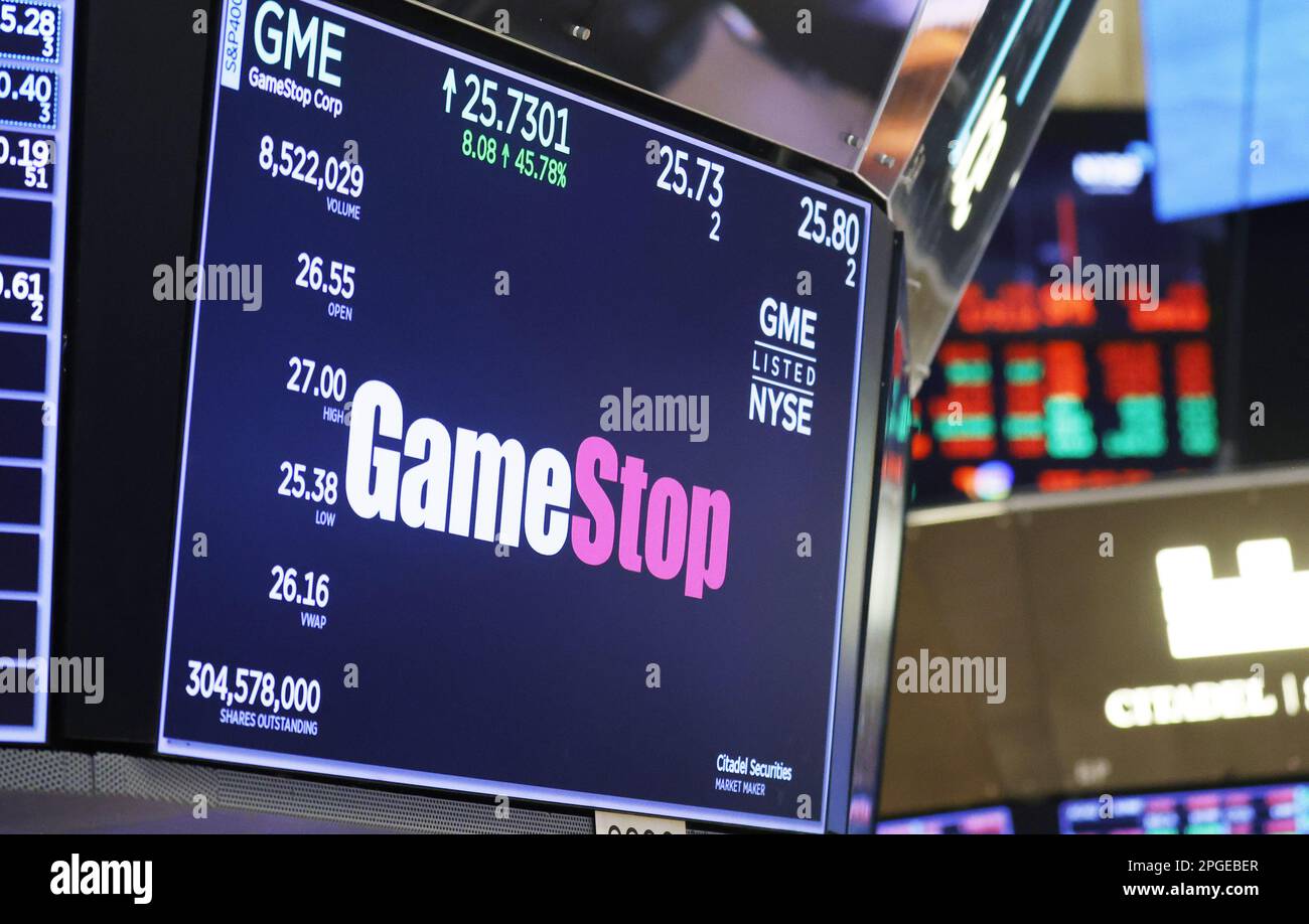 New York, United States. 22nd Mar, 2023. The logo for GameStop is on a ...