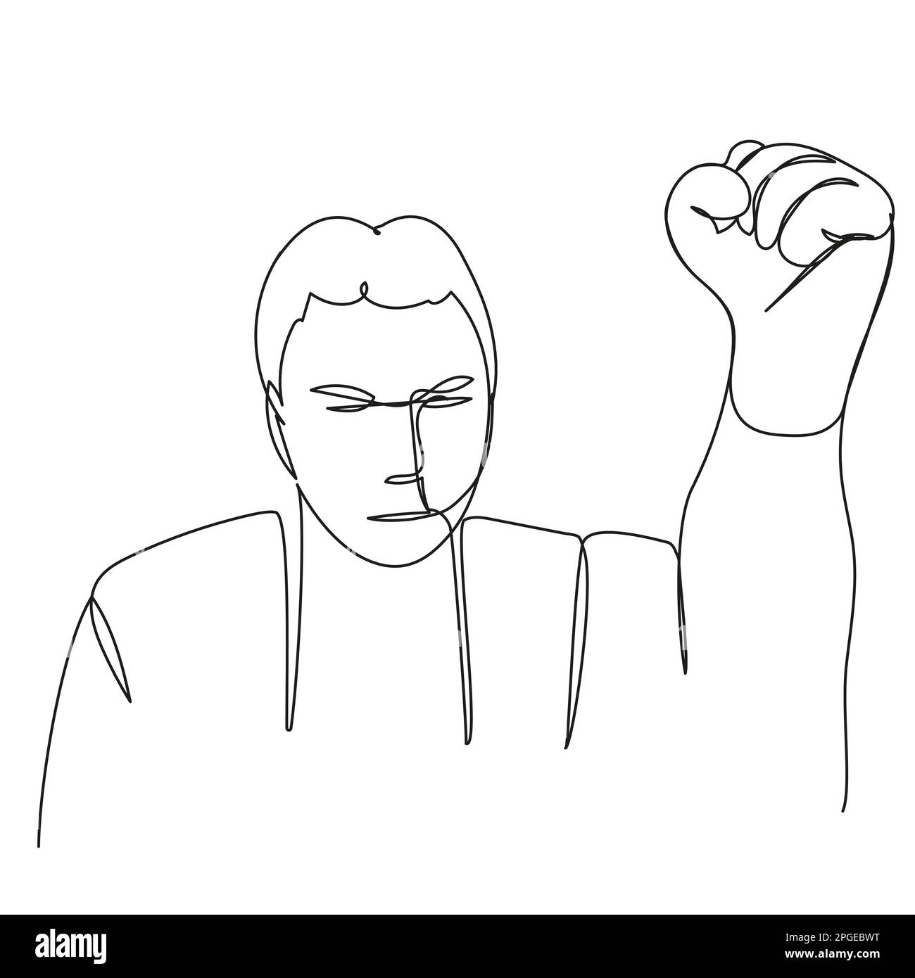 A frowning guy with a raised fist drawn in a continuous line on a white ...