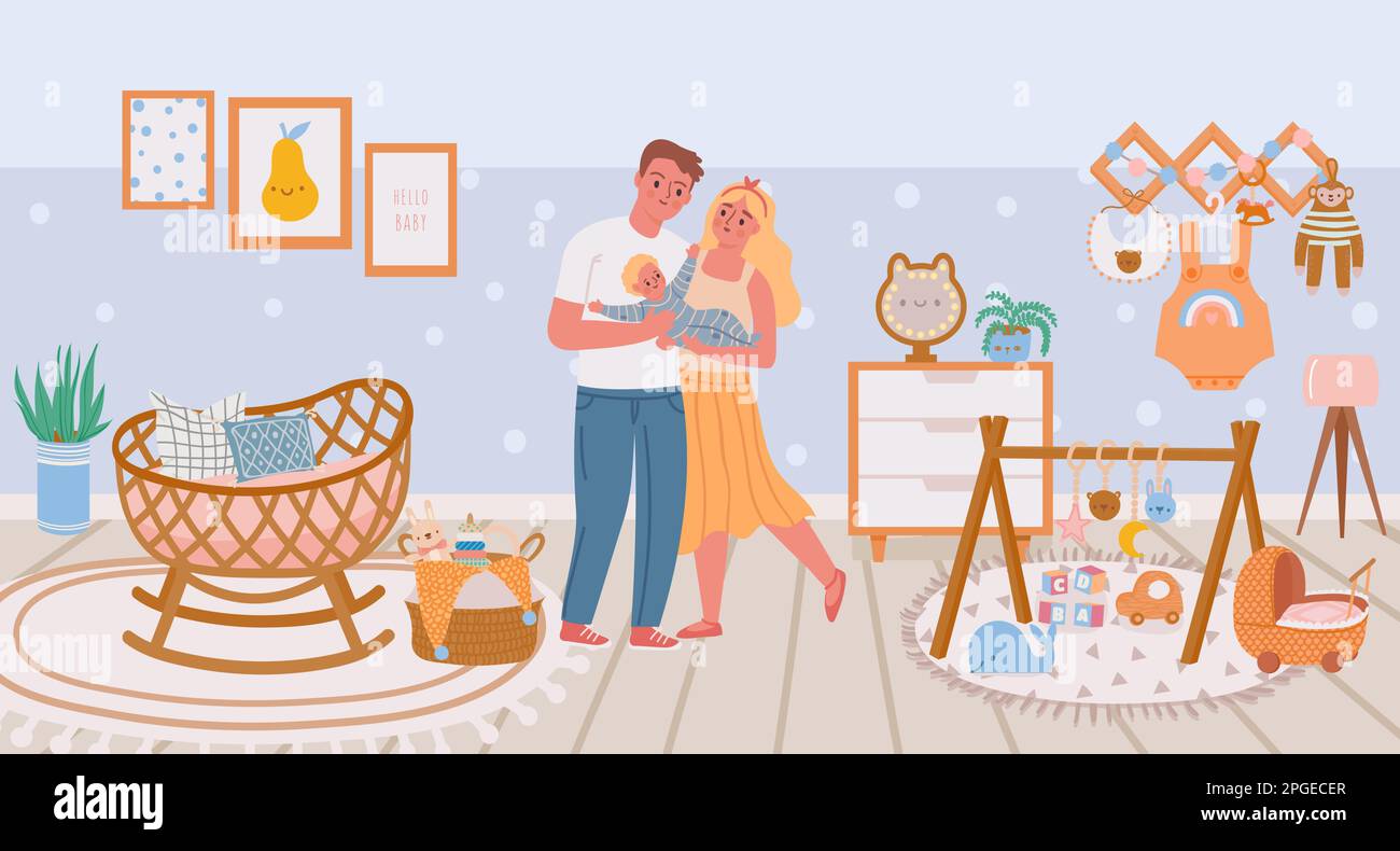 Happy parents with baby in nursery room Happy parents with baby in ...