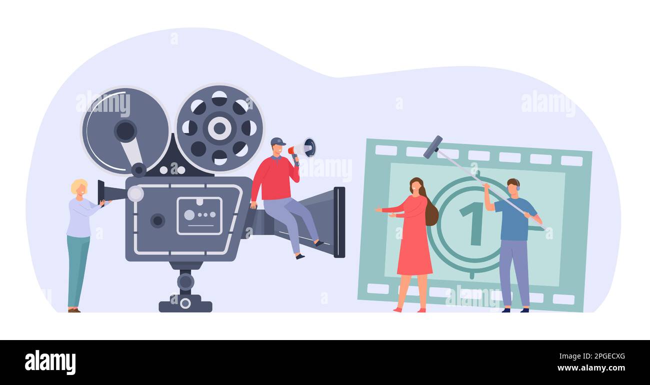 Movie production team shooting film actor on camera. Vector of film ...