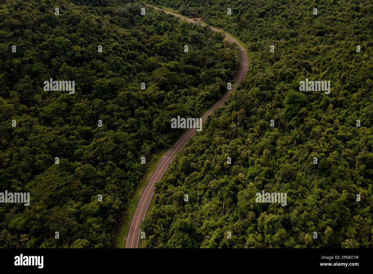 Aerial photo of a stretch of the Hummingbird Highway, surrounded by ...