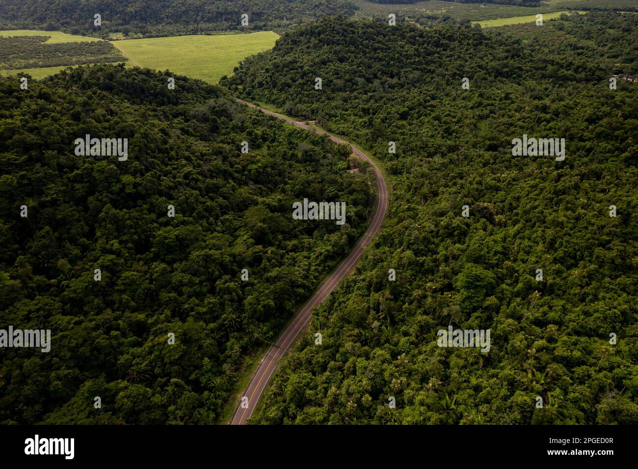 Aerial photo of a stretch of the Hummingbird Highway, surrounded by ...