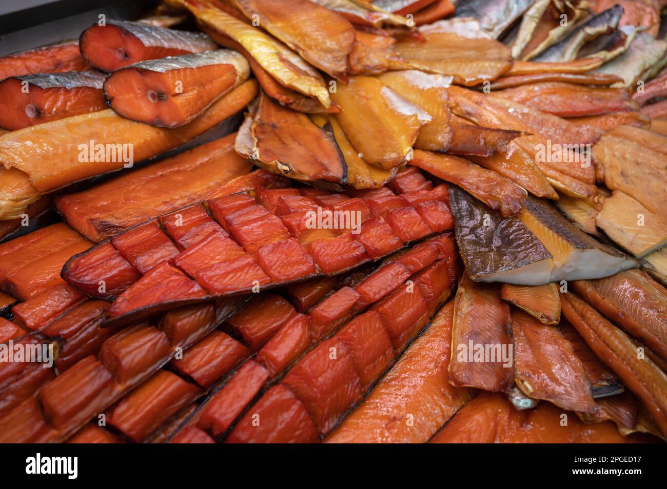 Various smoked fish products. Healthy eating and fish market concept ...