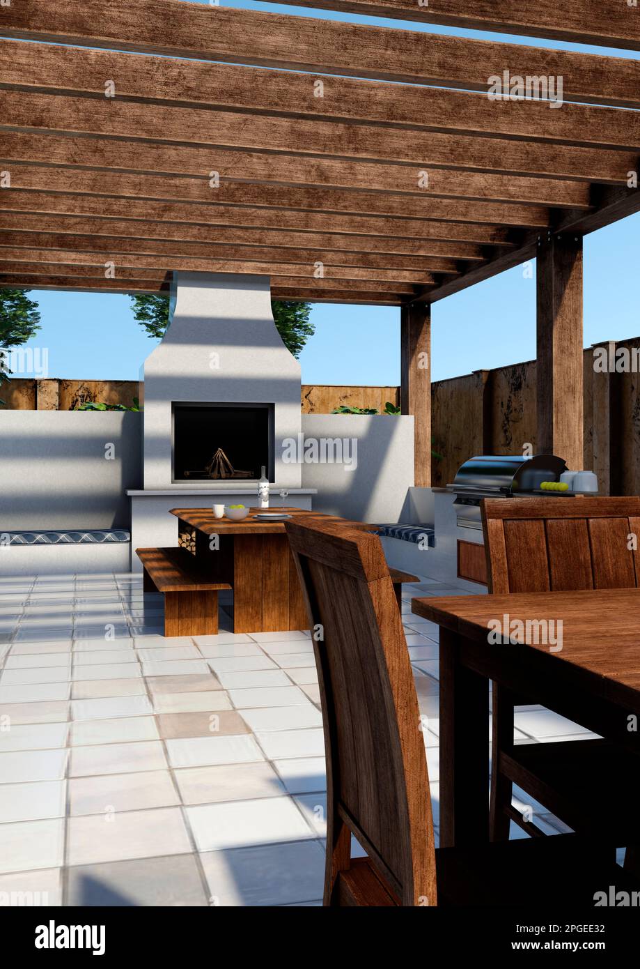 3D rendering of a Mediterranean outdoor kitchen exterior at pool Stock ...