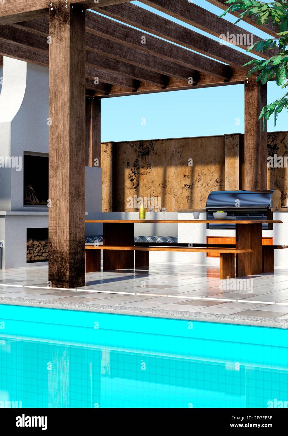 3D rendering of a Mediterranean outdoor kitchen exterior at pool Stock ...