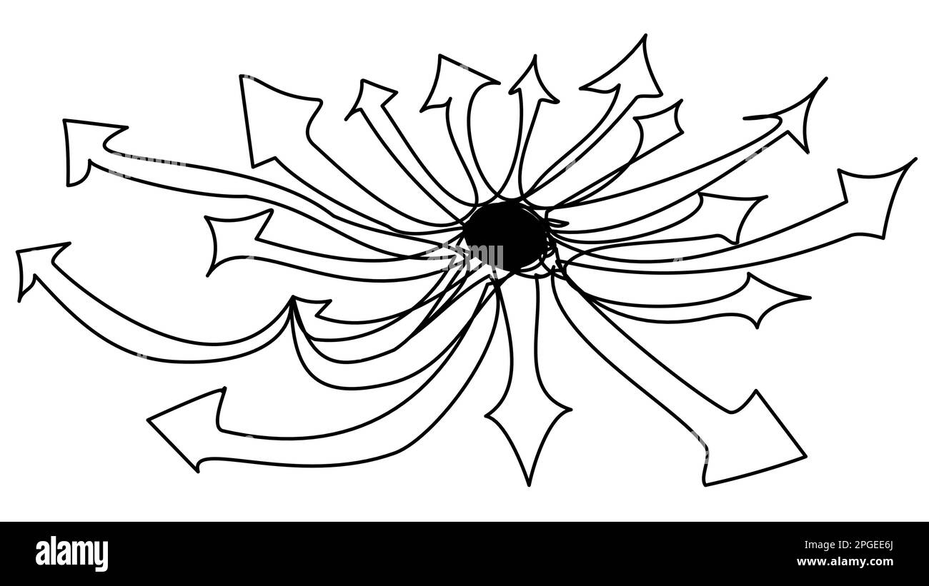 Doodle arrows outgoing from the center in one line on a white ...