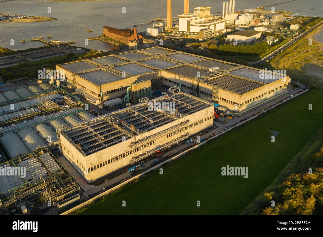 Aerial view of wastewater treatment plant. Activated sludge tanks ...
